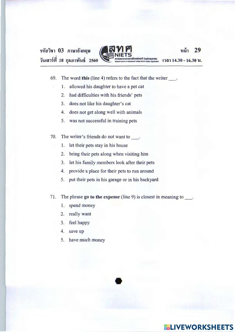 English ONET M.6 2559 Part 5 No.63-80 worksheet | Live Worksheets
