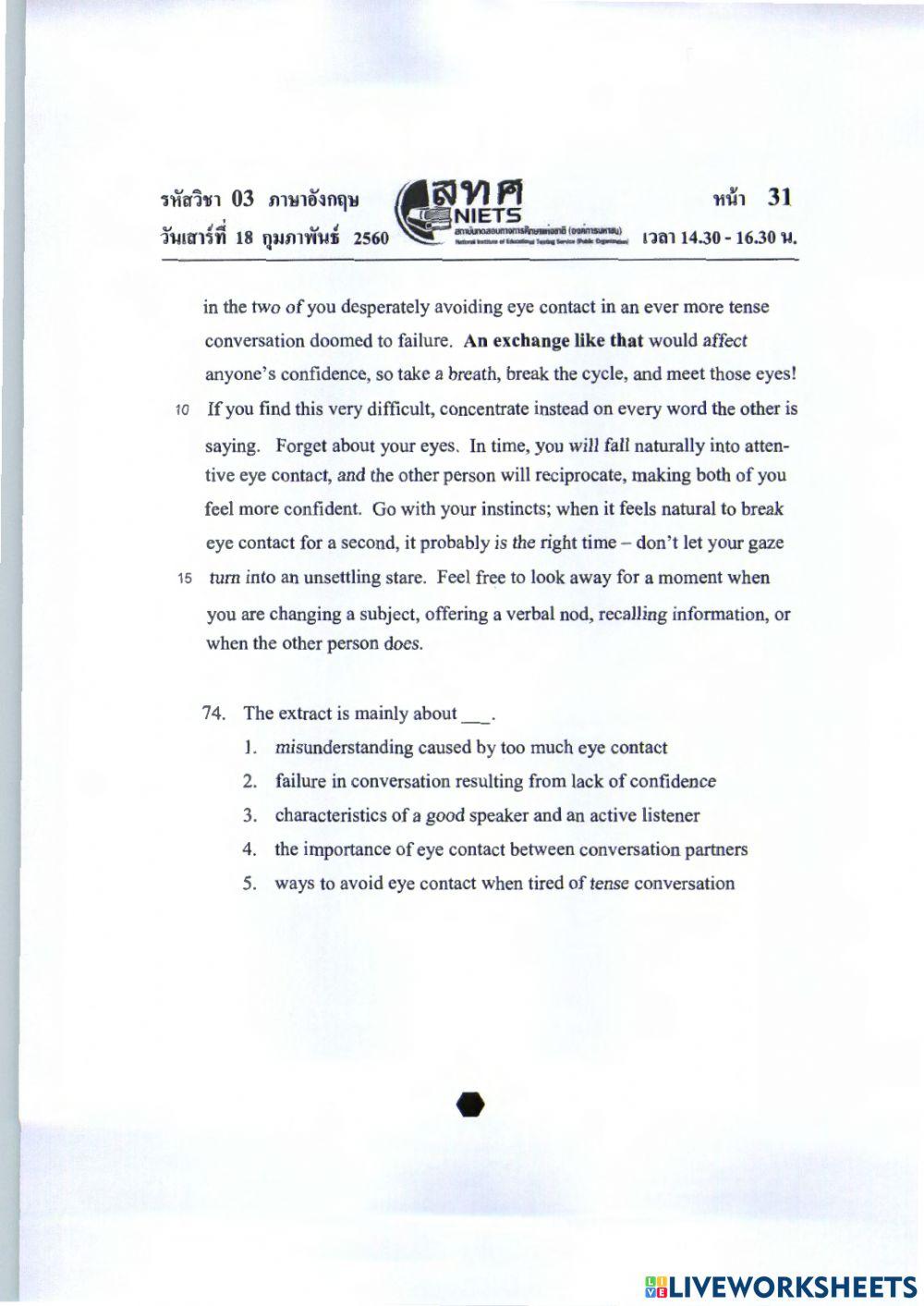 English ONET M.6 2559 Part 5 No.63-80 worksheet | Live Worksheets