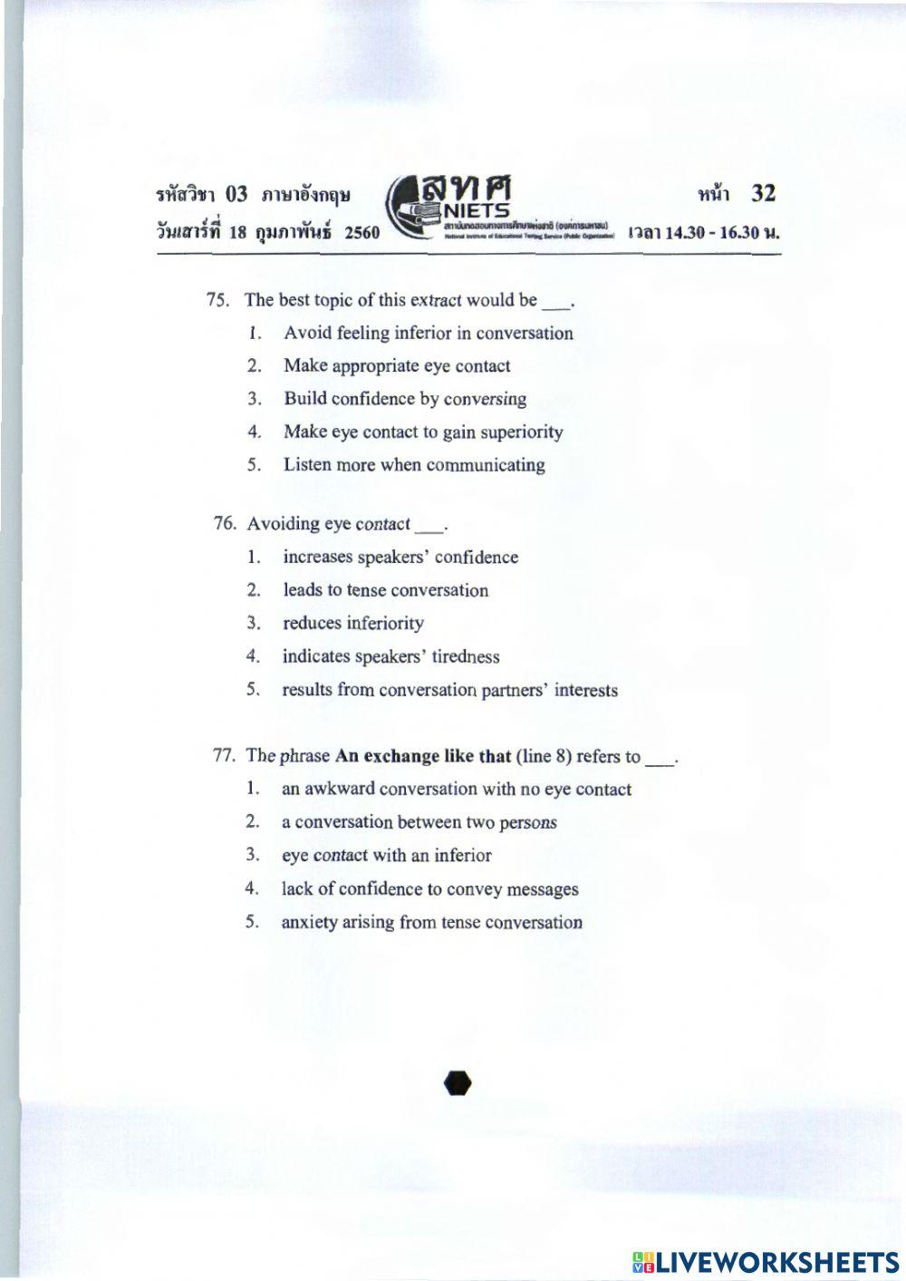 English ONET M.6 2559 Part 5 No.63-80 worksheet | Live Worksheets