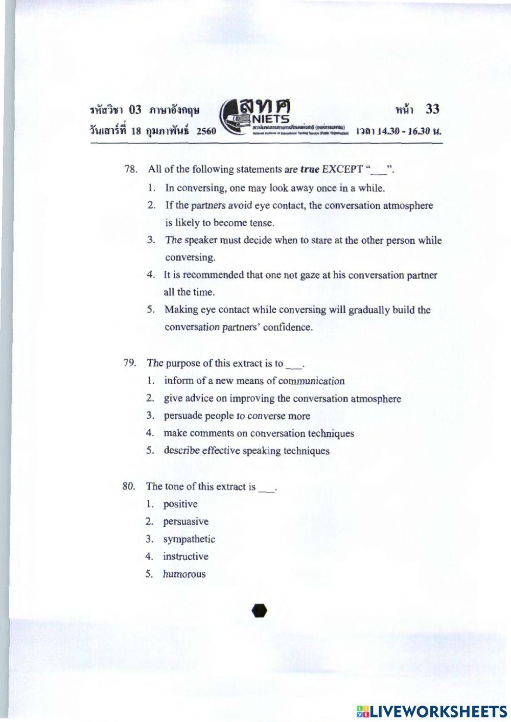 English ONET M.6 2559 Part 5 No.63-80 worksheet | Live Worksheets