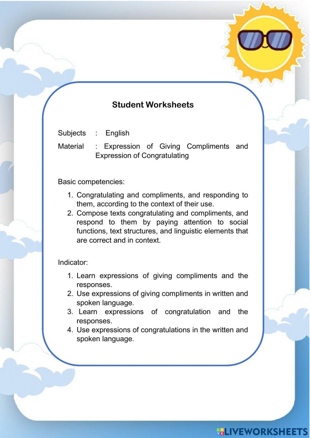 Student's Worksheet about Expression of Compliments and Expression of ...