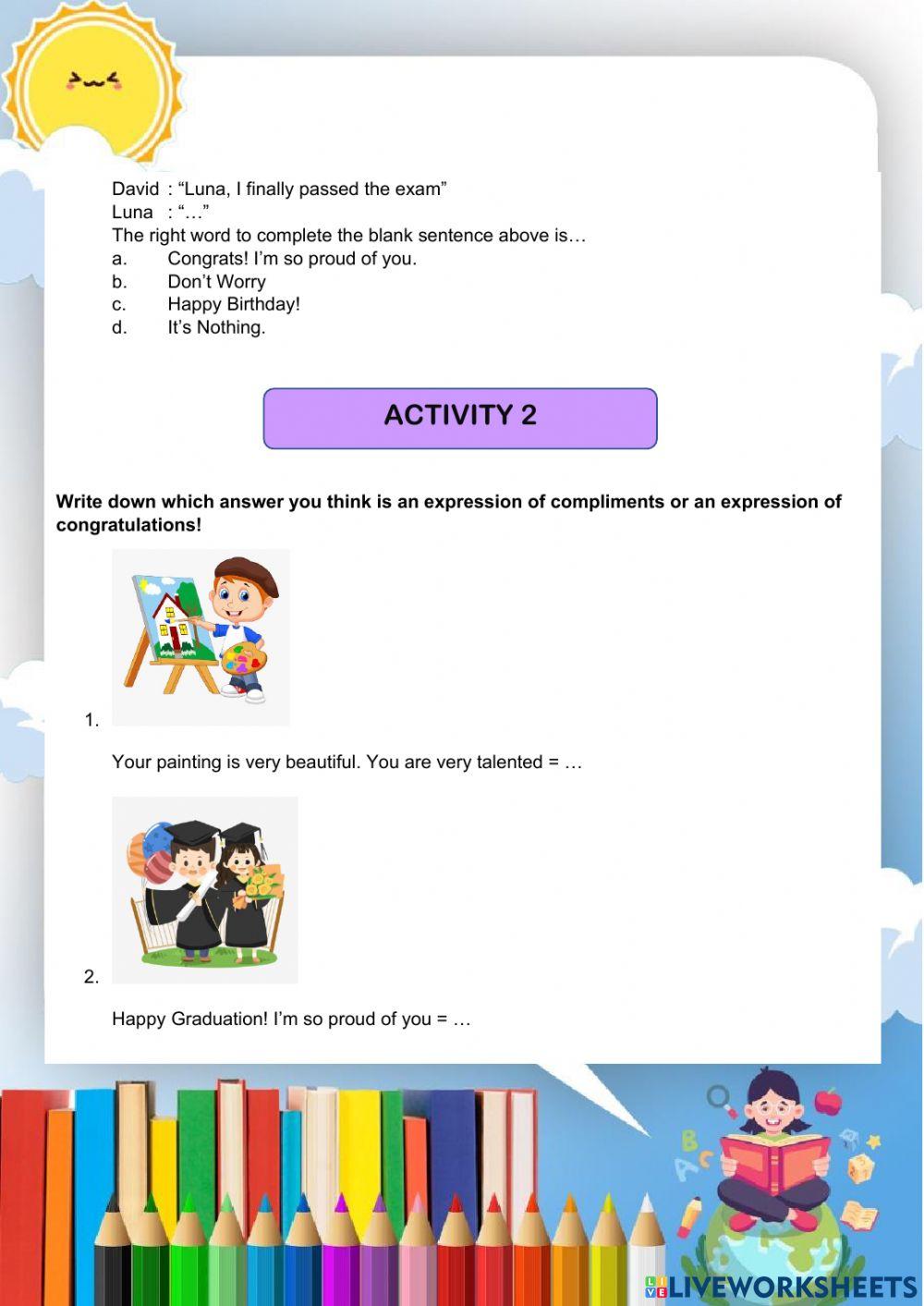 Student's Worksheet about Expression of Compliments and Expression of Congratulations worksheet ...