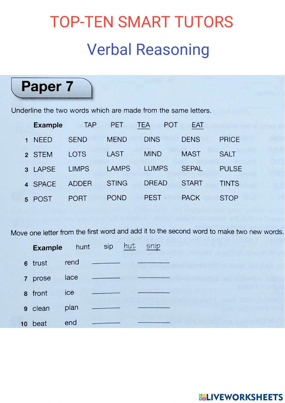 TOP-TEN SMART TUTORS (11+ Verbal Reasoning Assessment