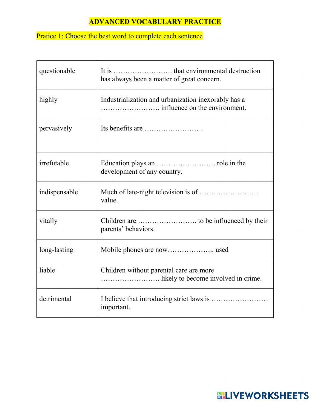 ADVANCED VOCABU… | Free Interactive Worksheets | 2506519