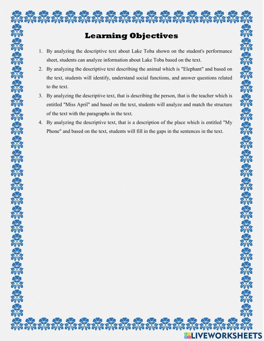 2251223 | Descriptive Text Worksheet | vidyaptr