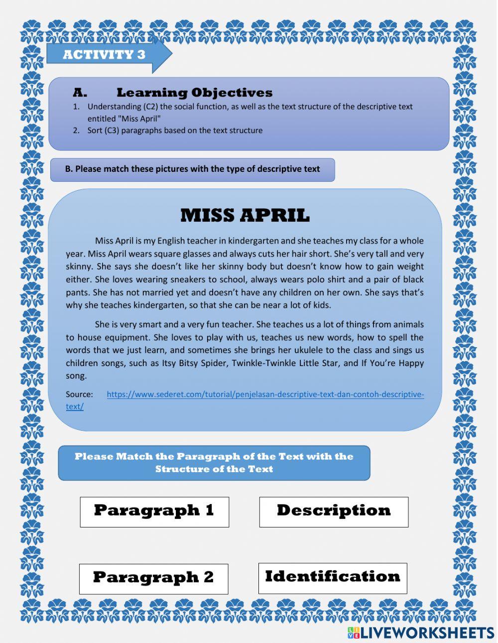 2251223 | Descriptive Text Worksheet | vidyaptr