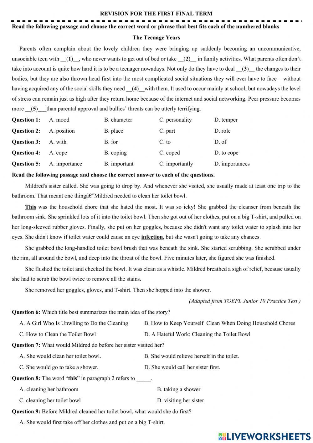 Revision for the first final term worksheet | Live Worksheets
