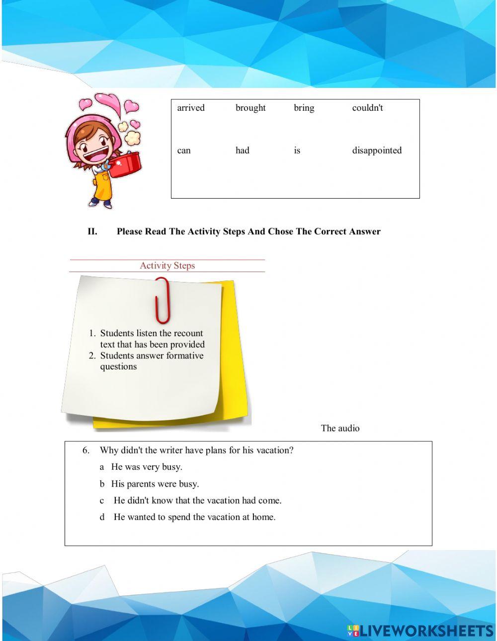 Recount text worksheet for 8 | Live Worksheets