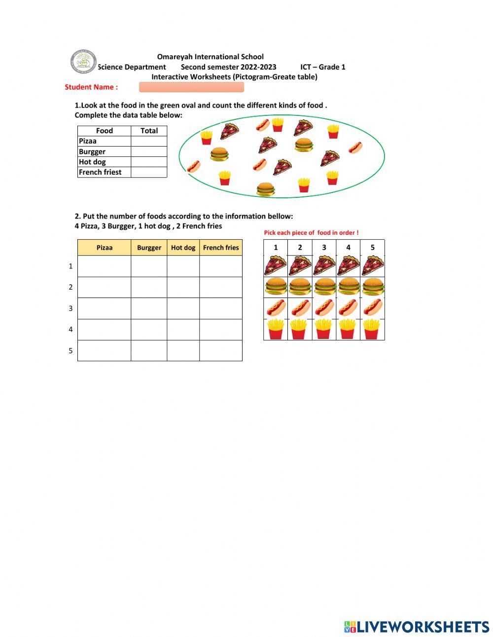 Pictogram-create table worksheet | Live Worksheets
