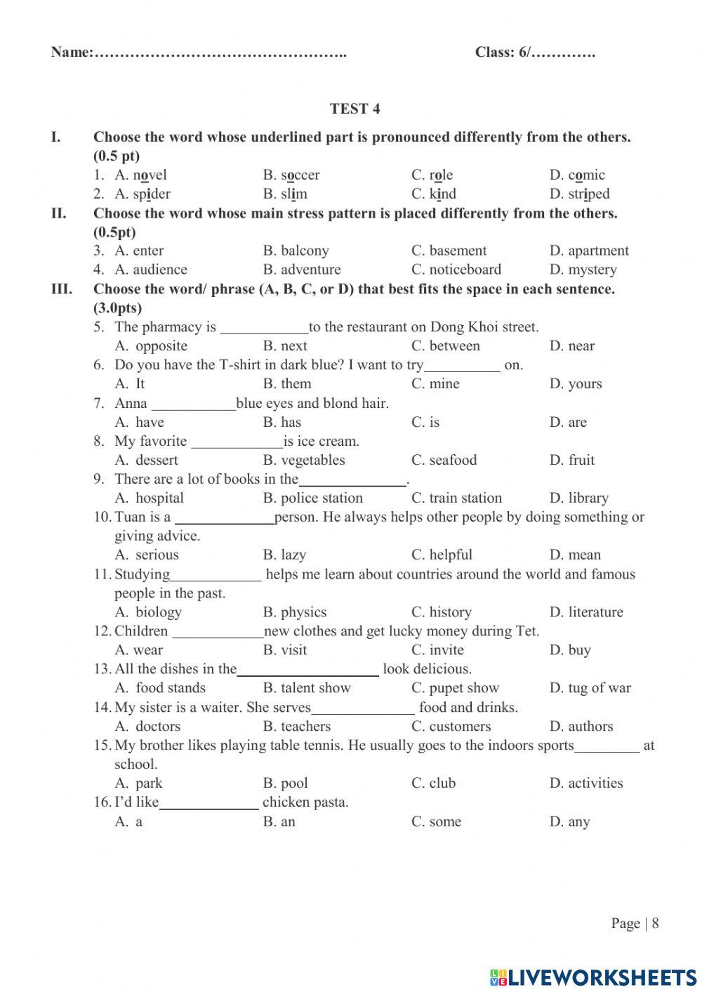 Revision for the first semester - Test 4 - Grade 6 worksheet | Live ...