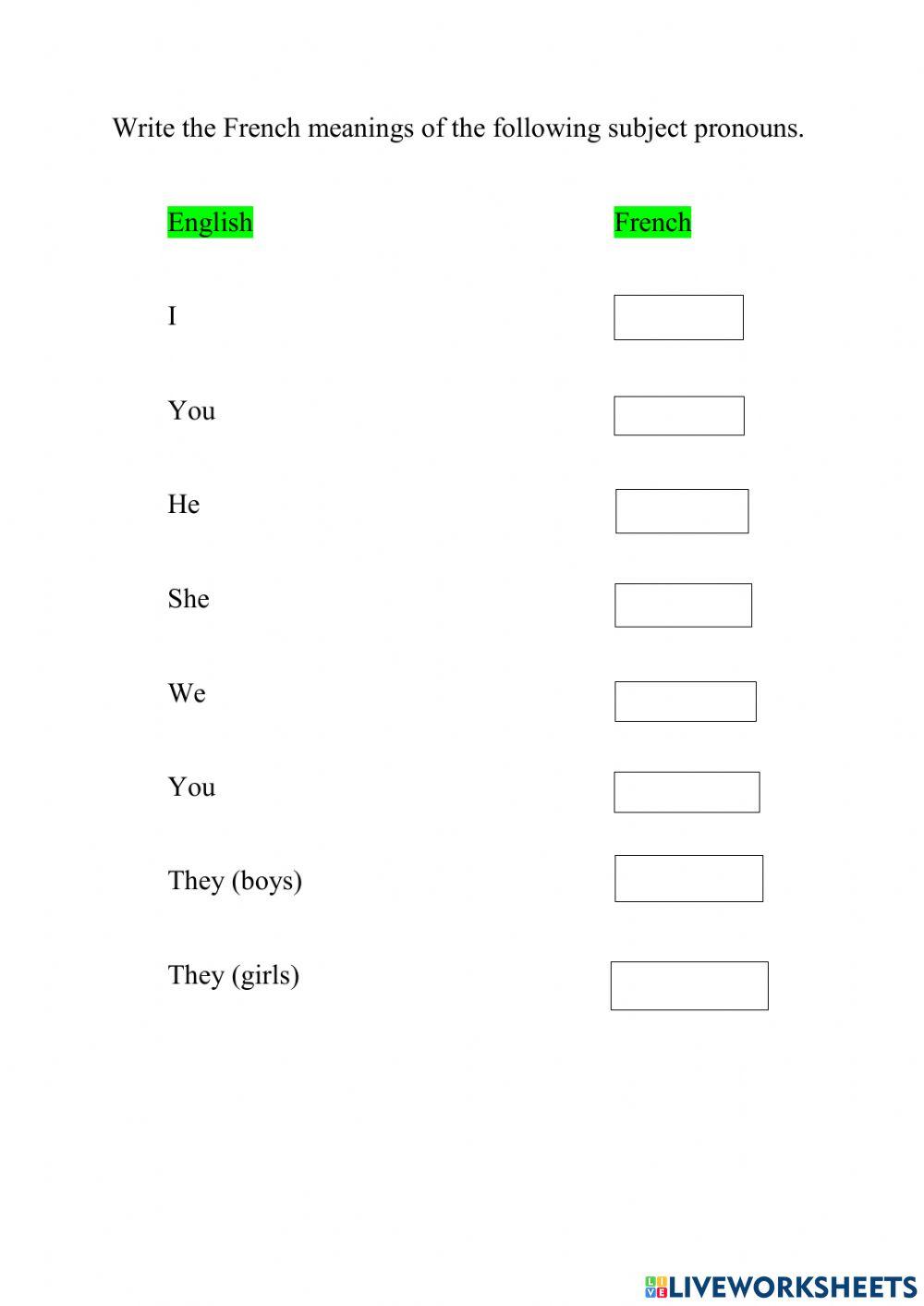 Subject pronouns | Free Interactive Worksheets | 2253170
