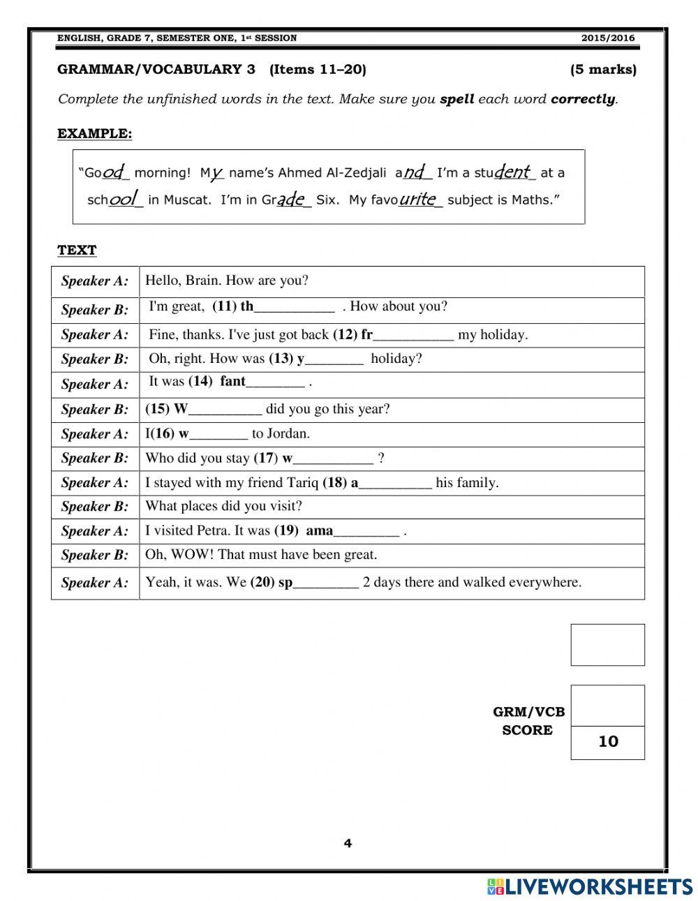 grade 7 test semester 1 online exercise for | Live Worksheets