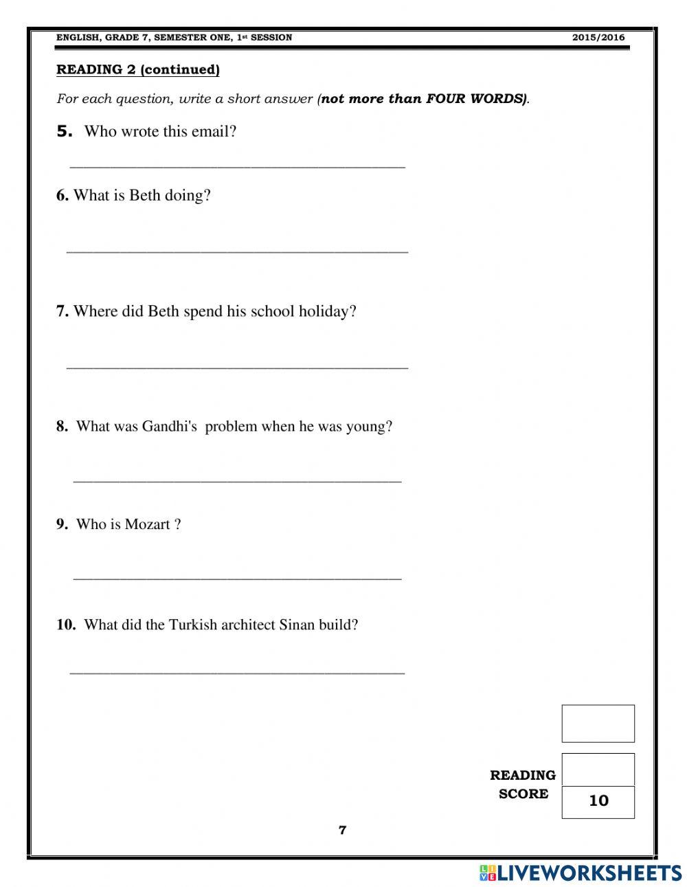 grade 7 test semester 1 online exercise for | Live Worksheets