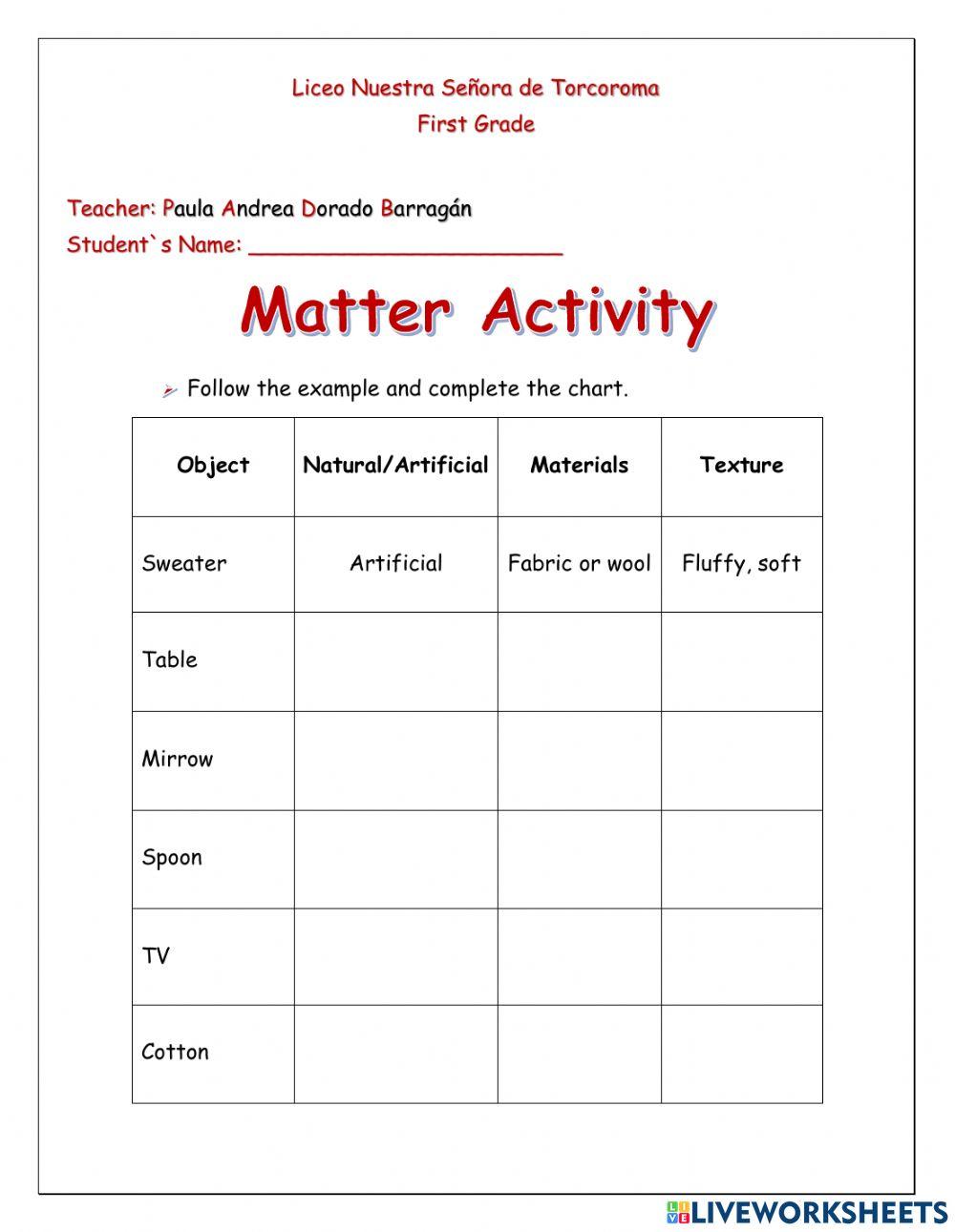 Matter Activity worksheet | Live Worksheets