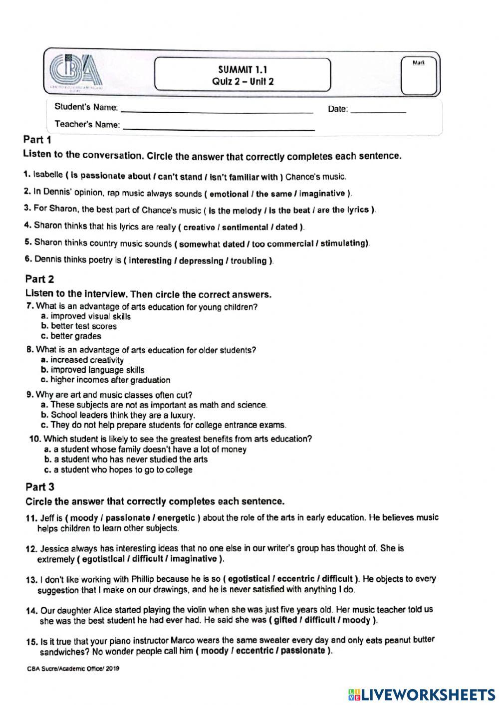 Summit 1 unit 2 online exercise for | Live Worksheets