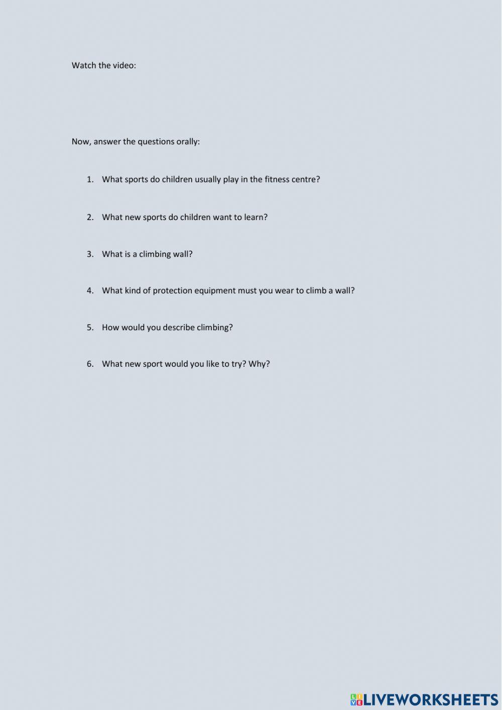 Sports wall climbing worksheet | Live Worksheets