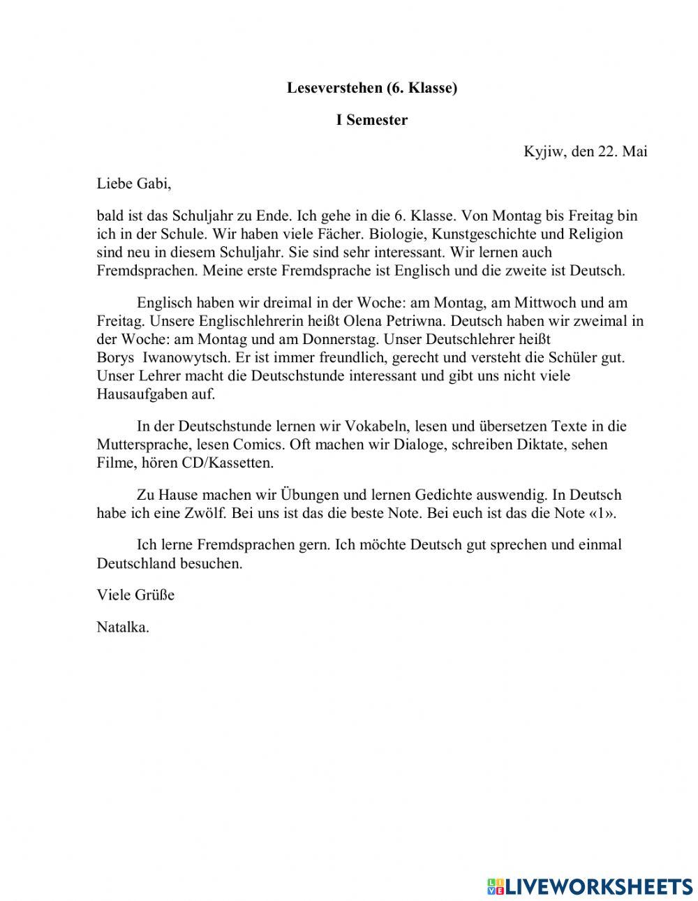 Leseverstehen | Free Interactive Worksheets | 2233239