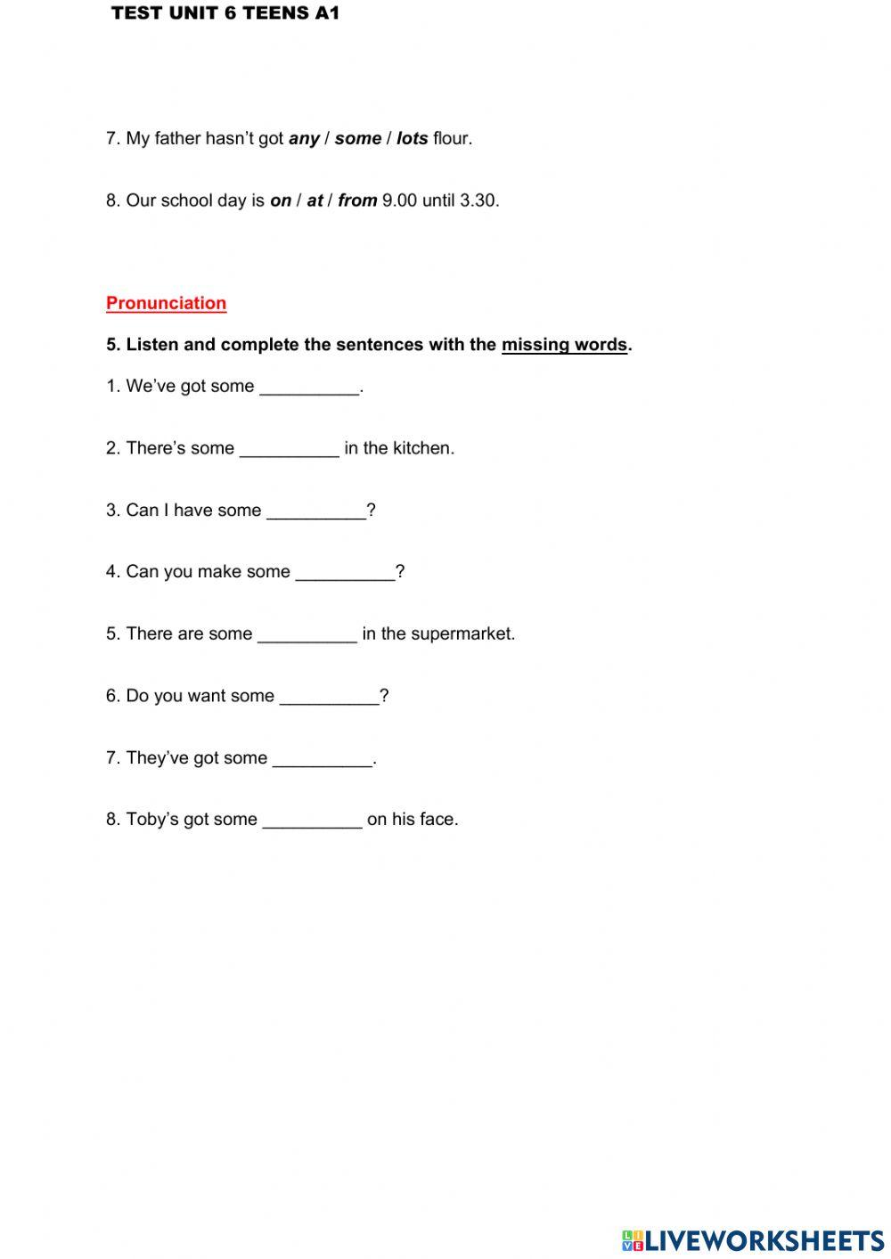 2255306 | Test 6 teens a1 | MYTEACHER | LiveWorksheets