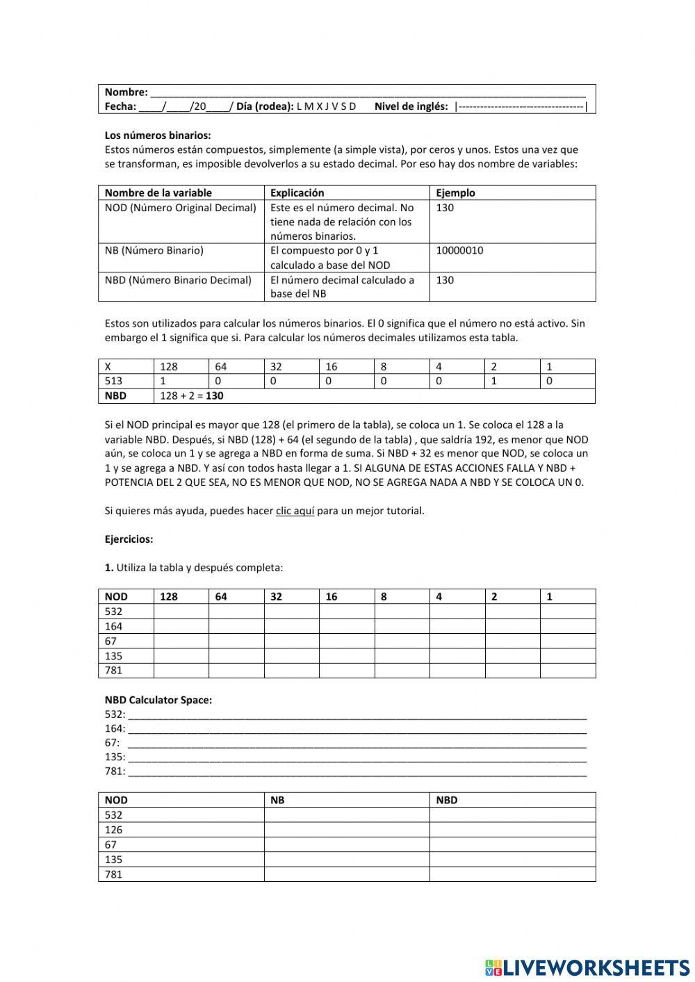 Tabla De Numeros Binarios 1 20