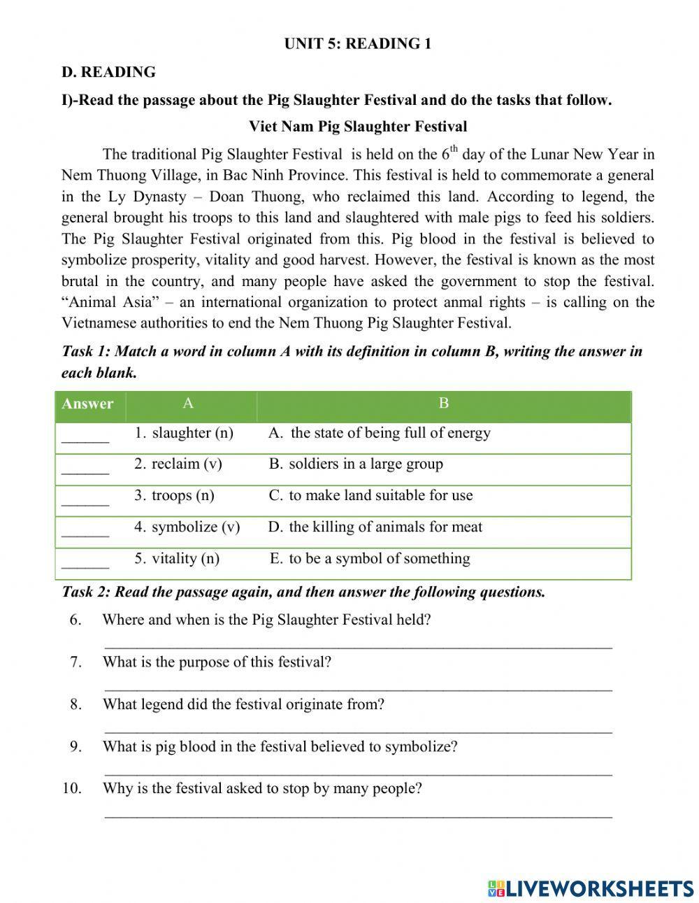 Reading online exercise for 8 | Live Worksheets