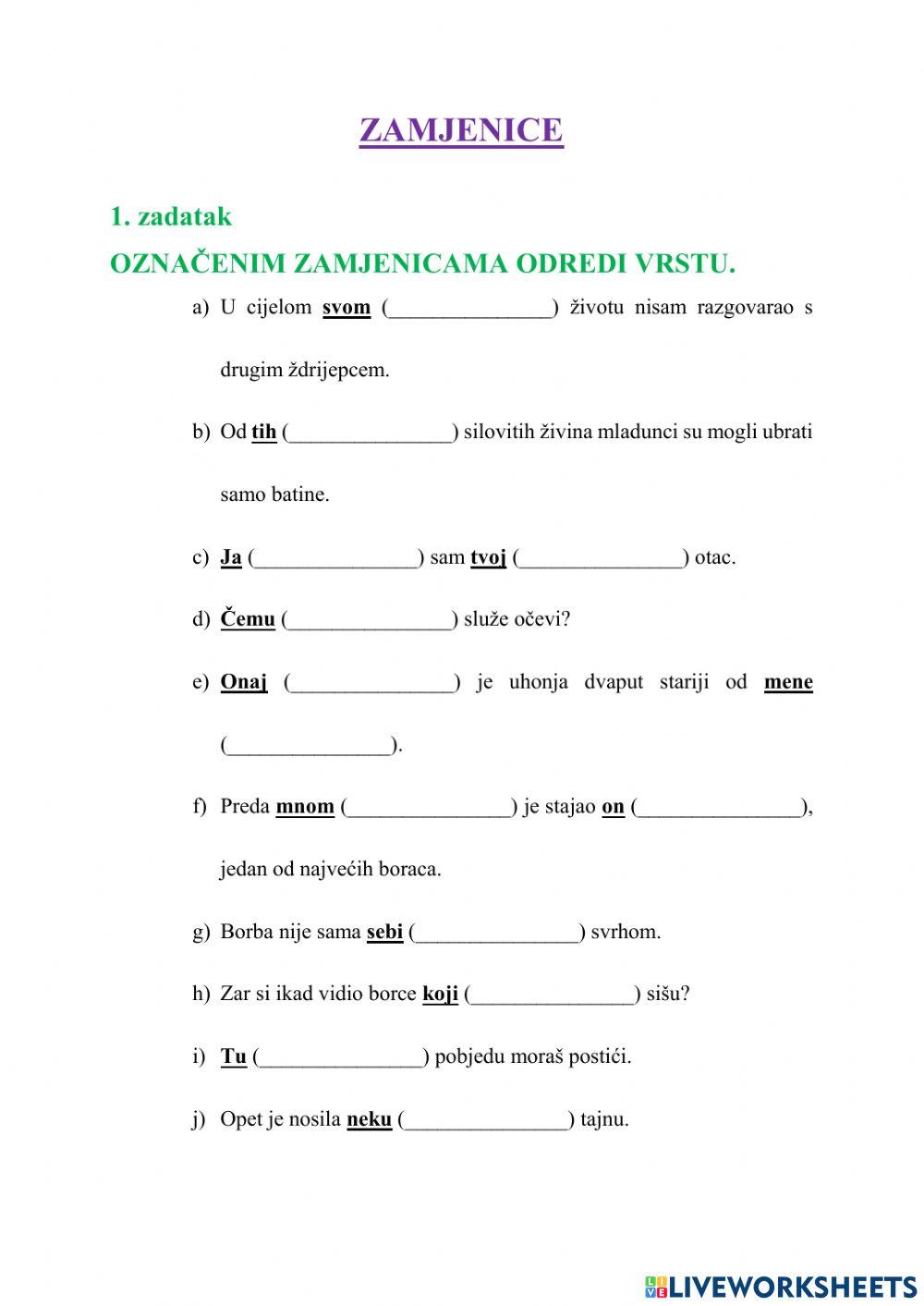 Zamjenice (8) | Free Interactive Worksheets | 2233702