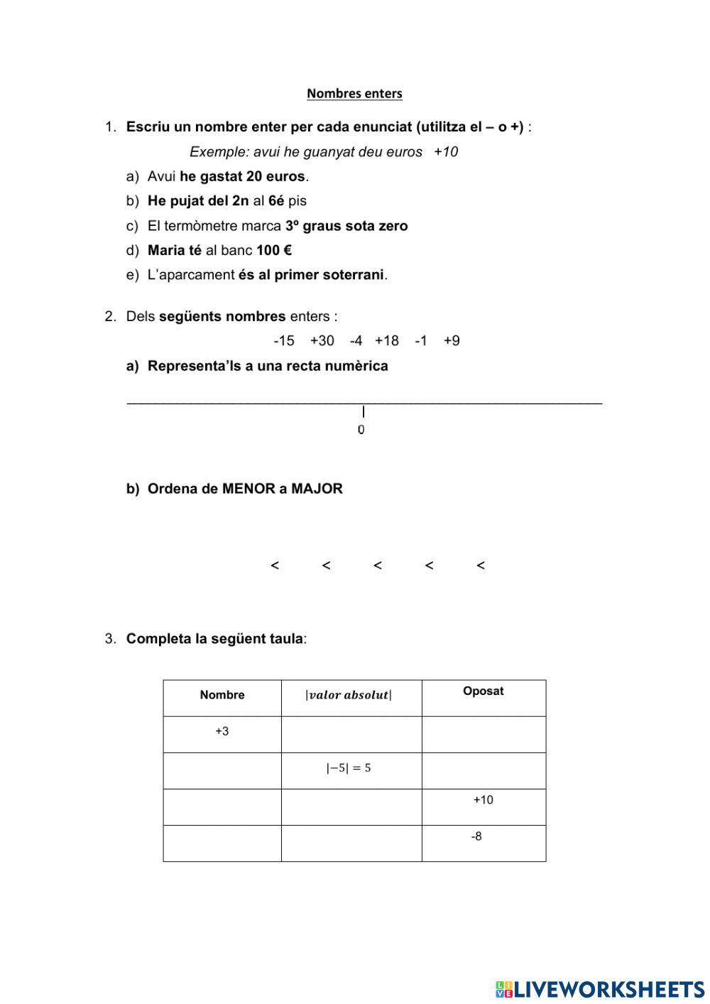 Nombres enters (reforç) worksheet | Live Worksheets