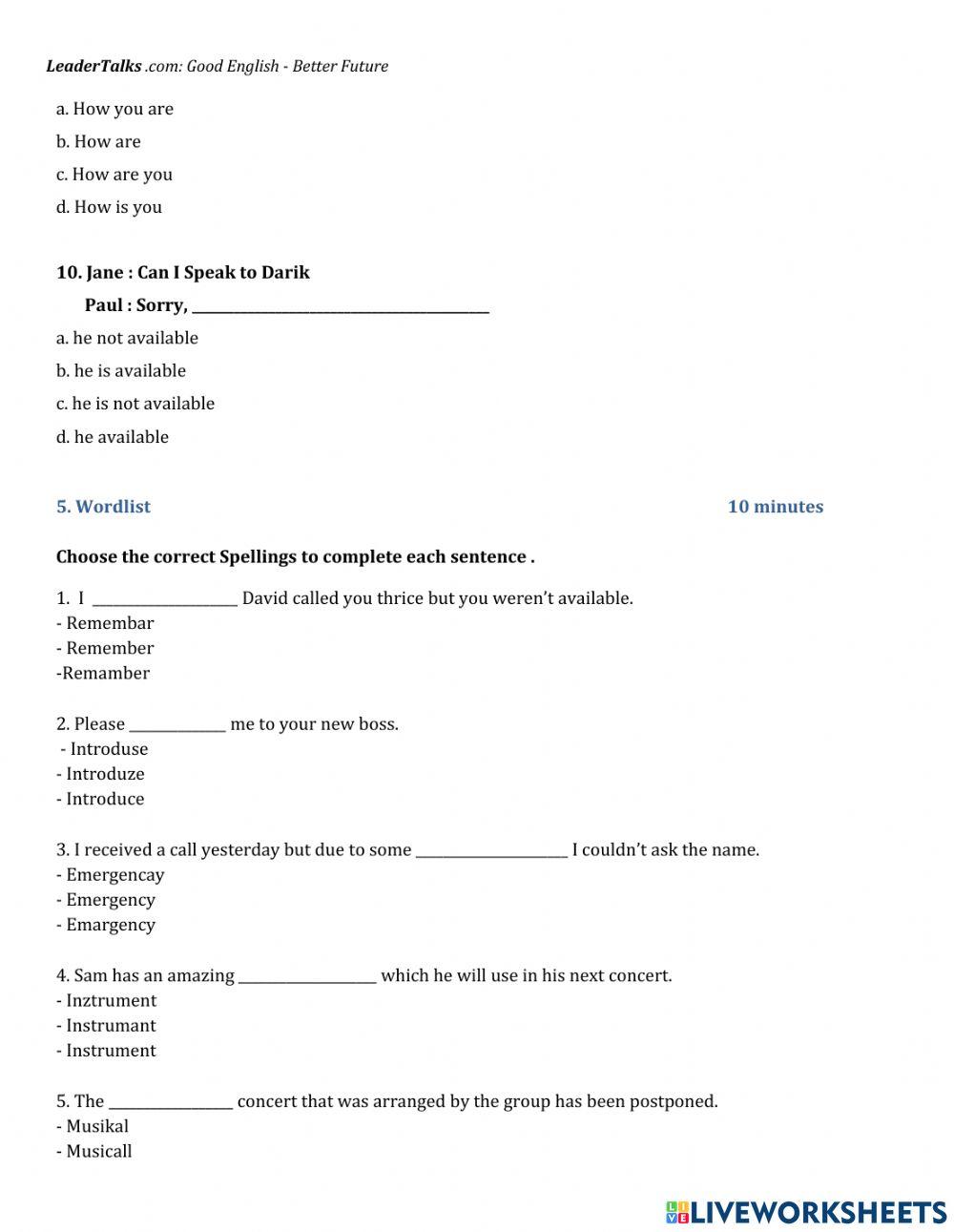 Assessments Week 1 worksheet | Live Worksheets