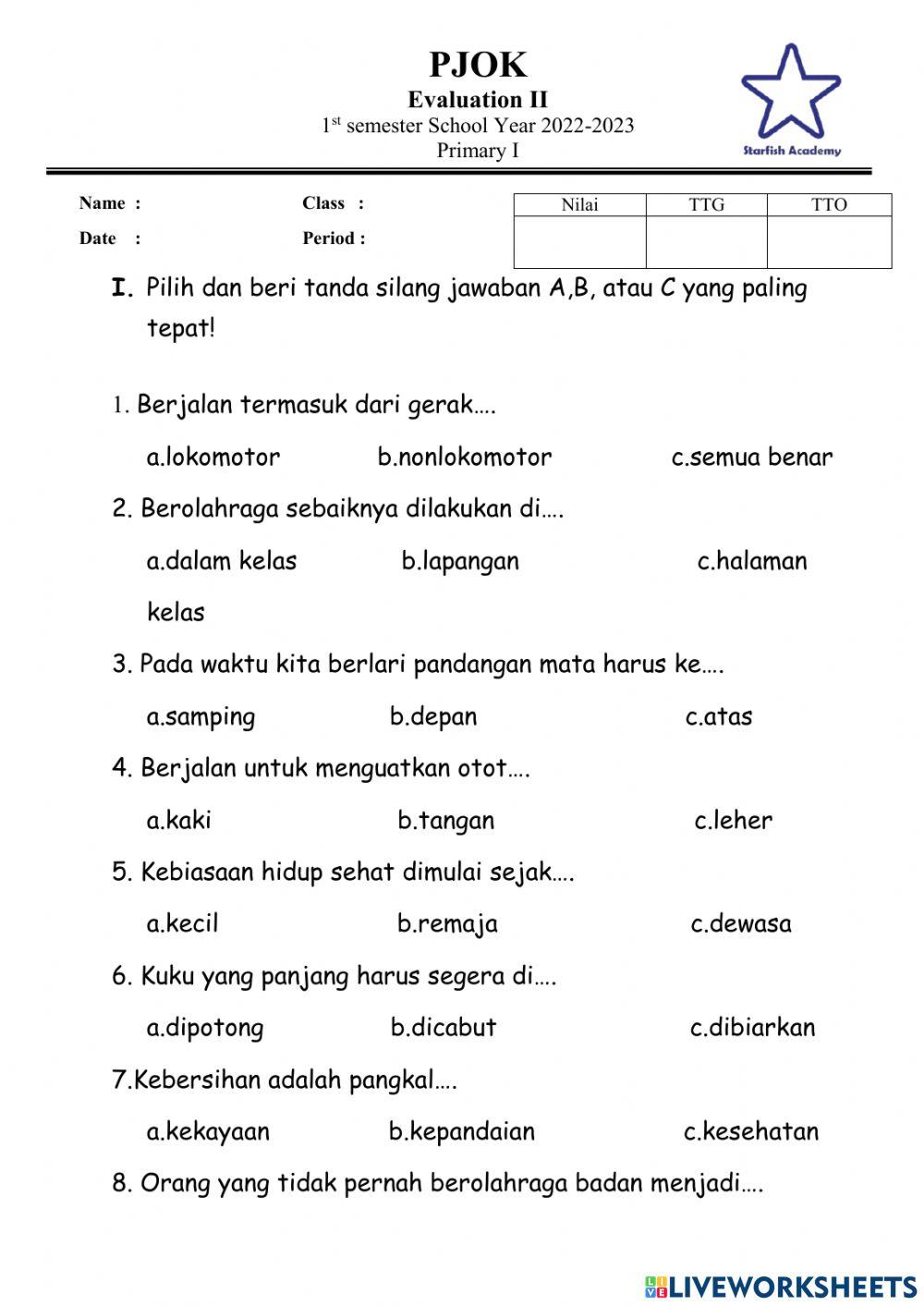 P1 PJOK Final test worksheet | Live Worksheets