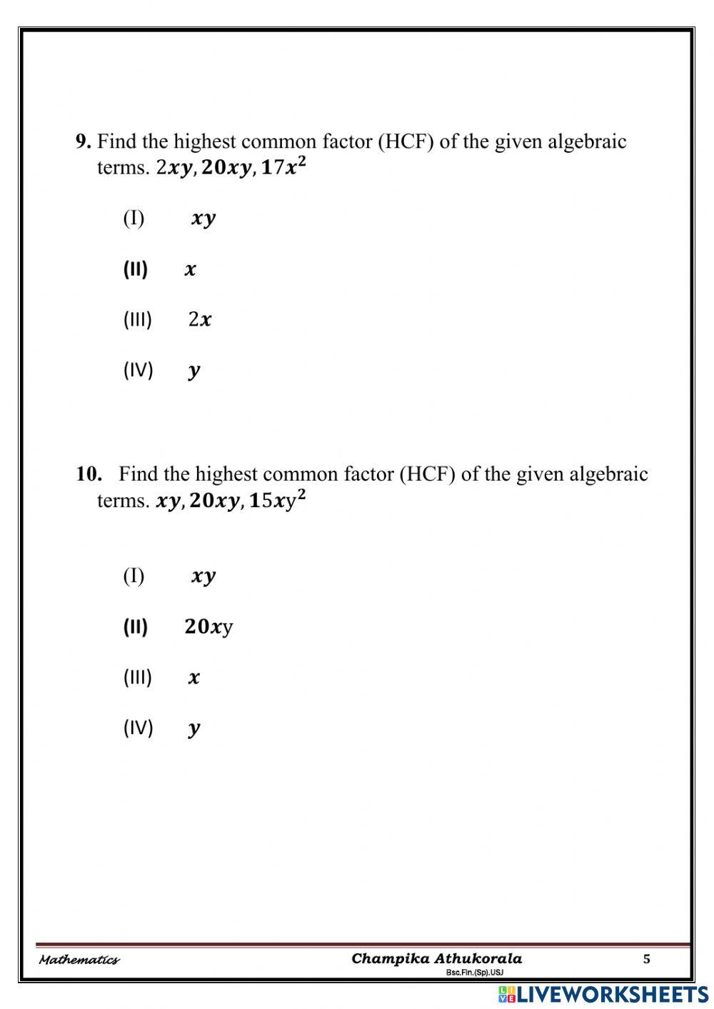 Mcq-2 worksheet | Live Worksheets