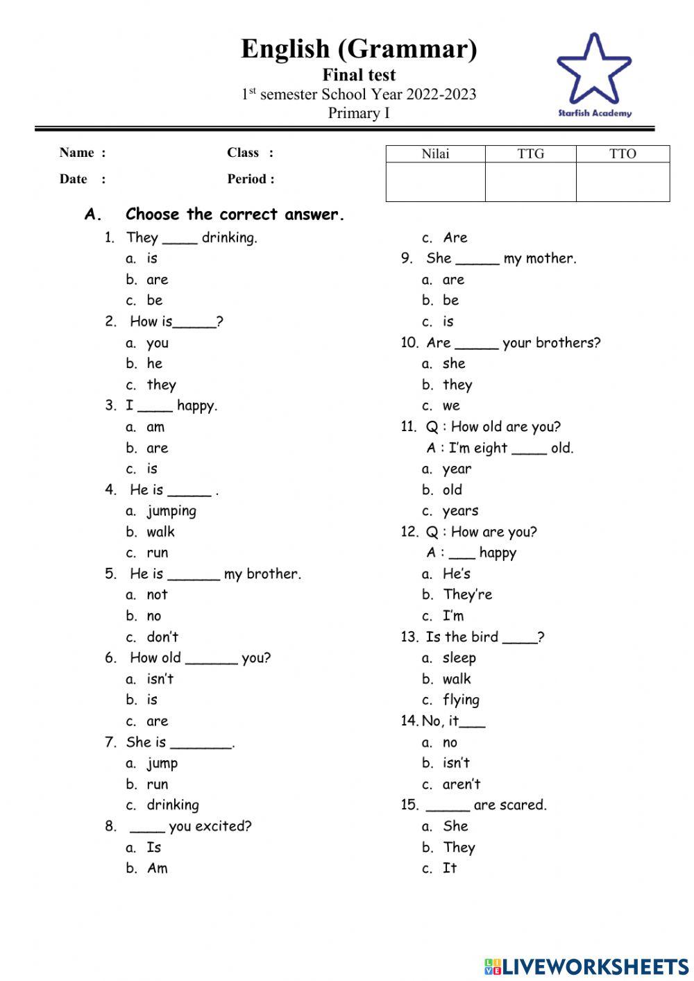 P1 English Grammar and Writing Final test online exercise for | Live ...