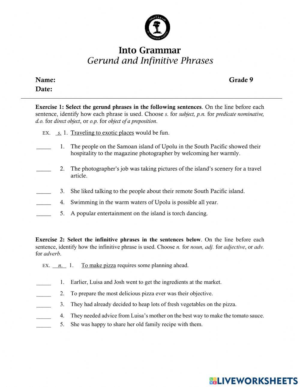 infinitive phrase exercise