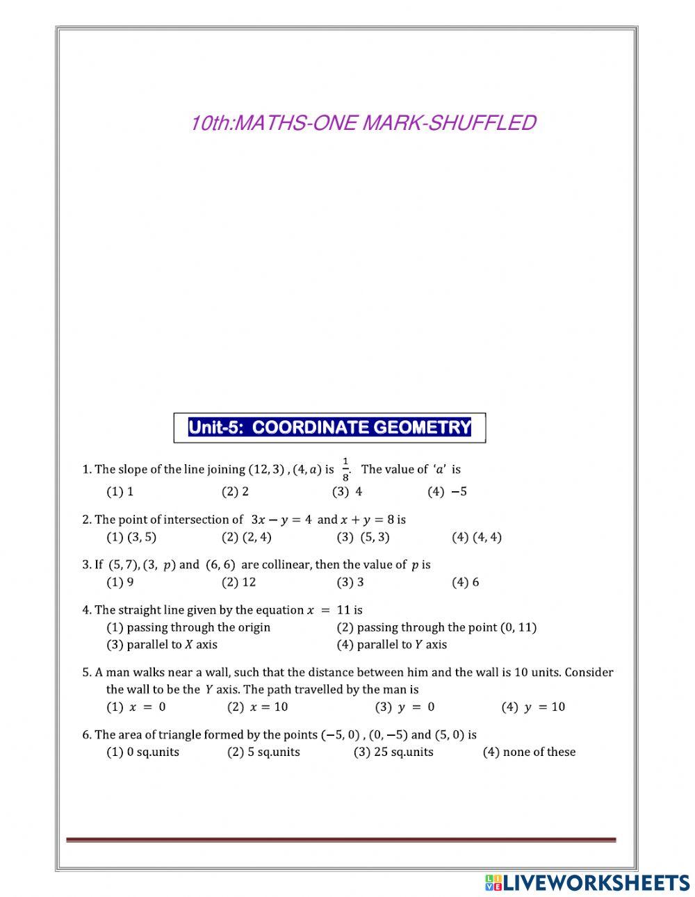 Tn sslc maths chap-5 one mark worksheet | Live Worksheets