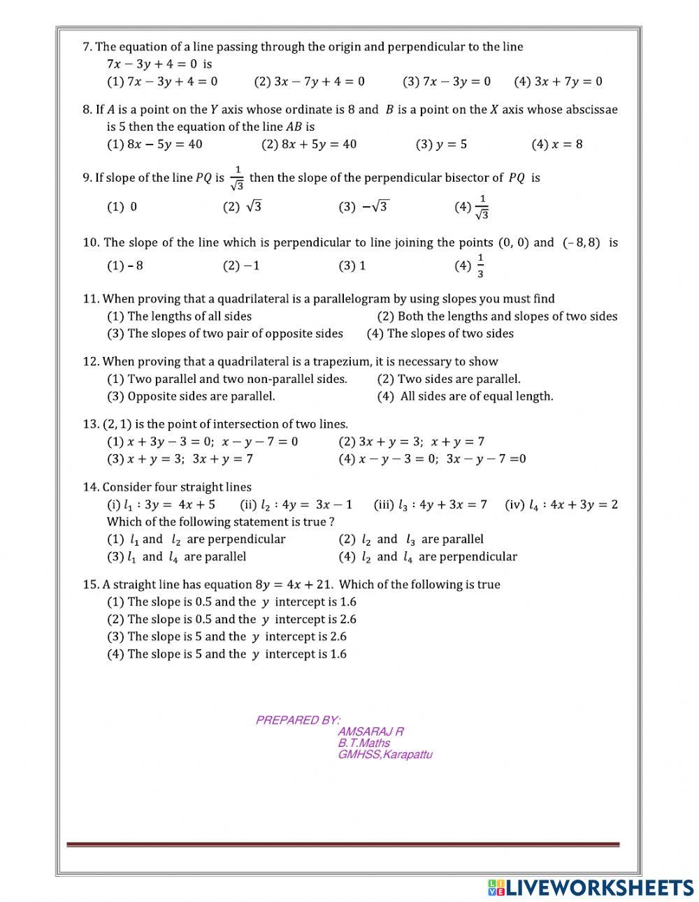 Tn sslc maths chap-5 one mark worksheet | Live Worksheets