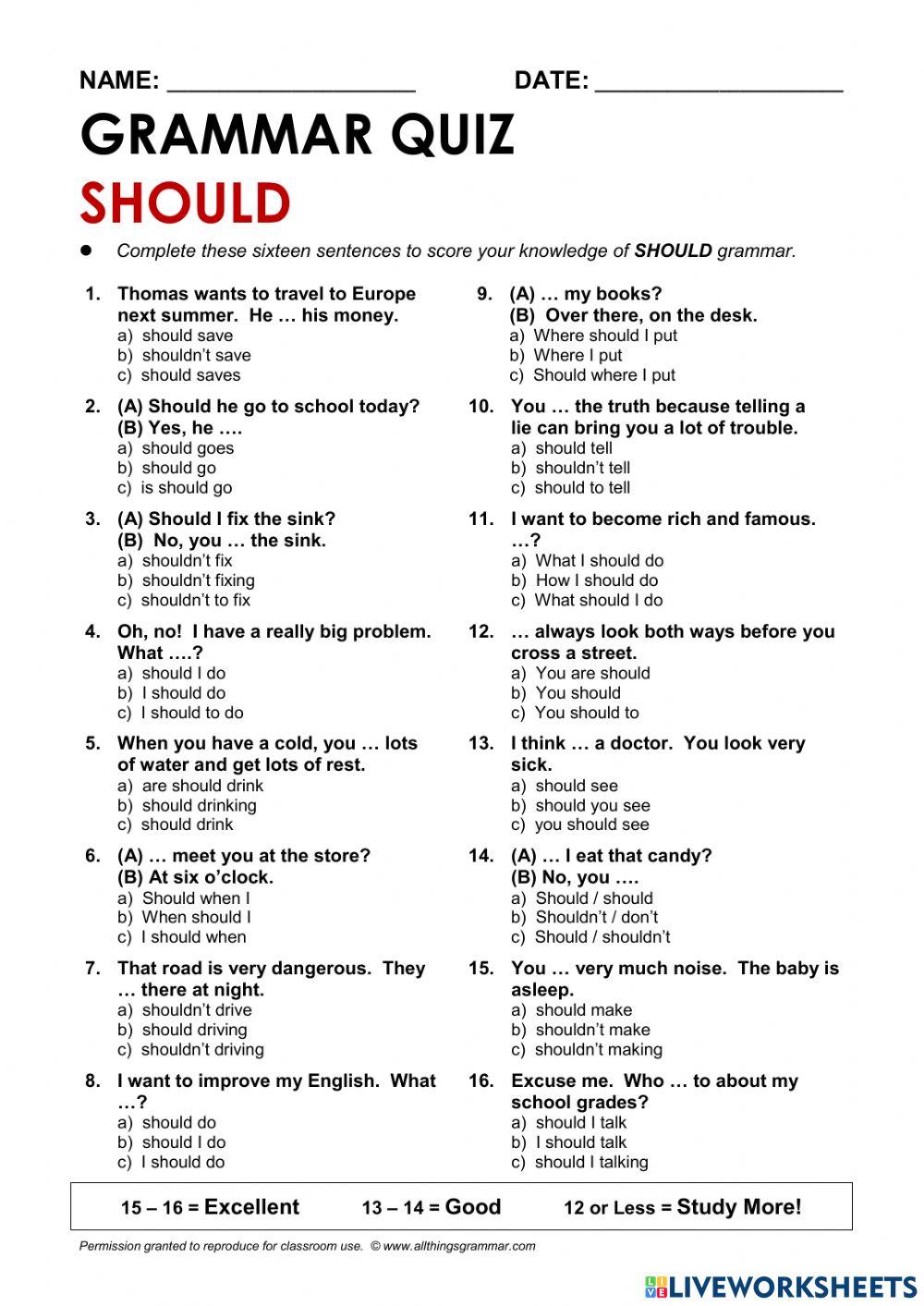 Modal Should Worksheet online exercise for | Live Worksheets