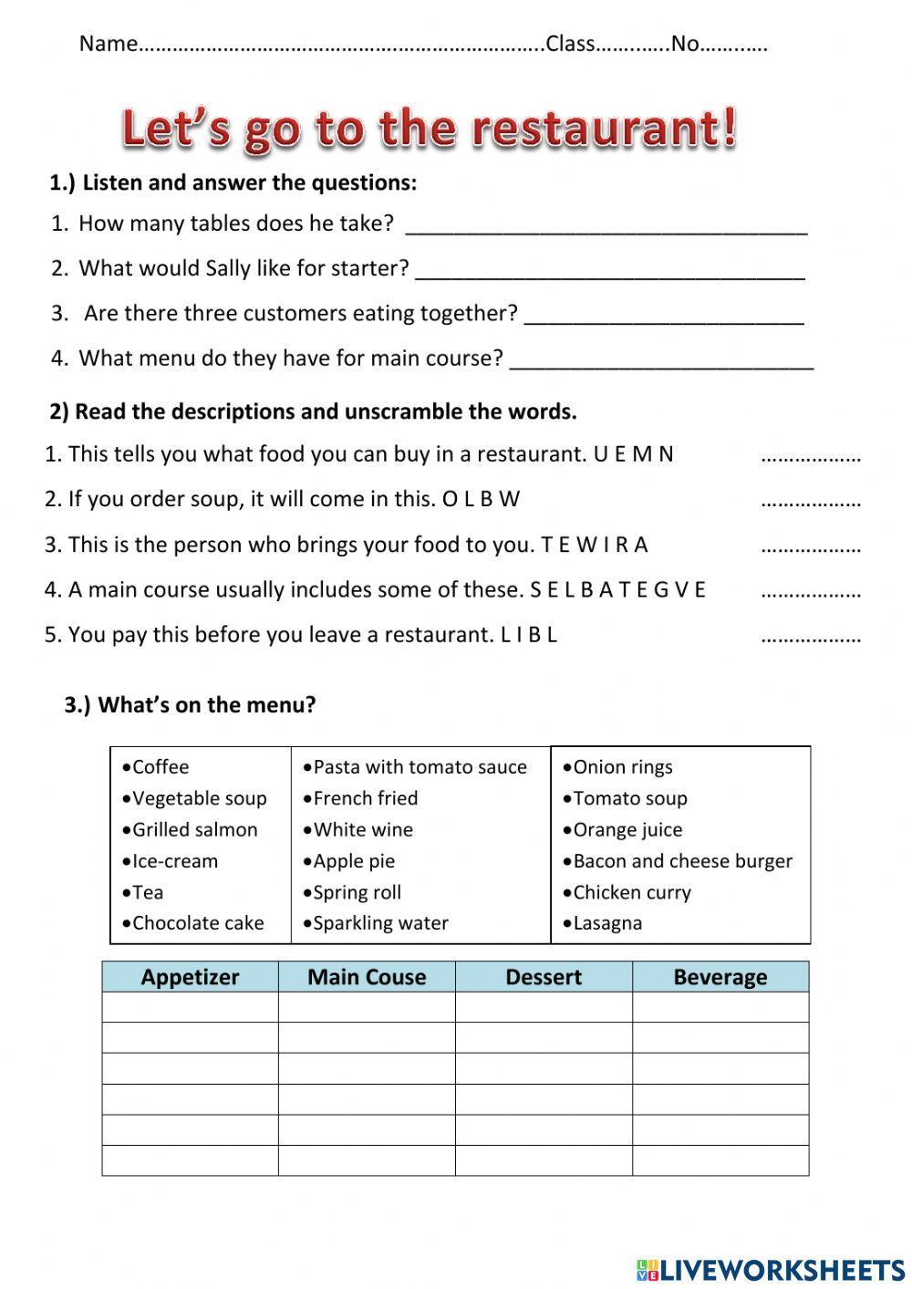 Restaurant test… | Free Interactive Worksheets | 4013219
