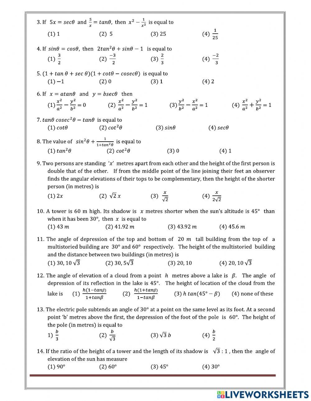 Tn sslc maths chap-6 one mark worksheet | Live Worksheets