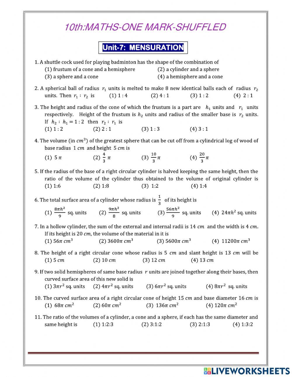 Tn sslc maths chap-7 one mark 2236073 | ARliveworksheet
