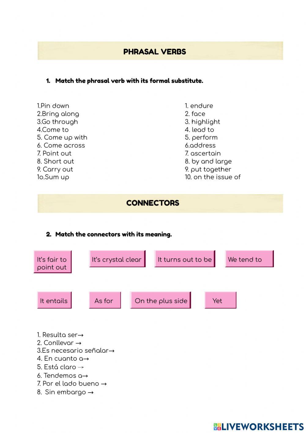 Phrasal Verbs and Connectors worksheet | Live Worksheets