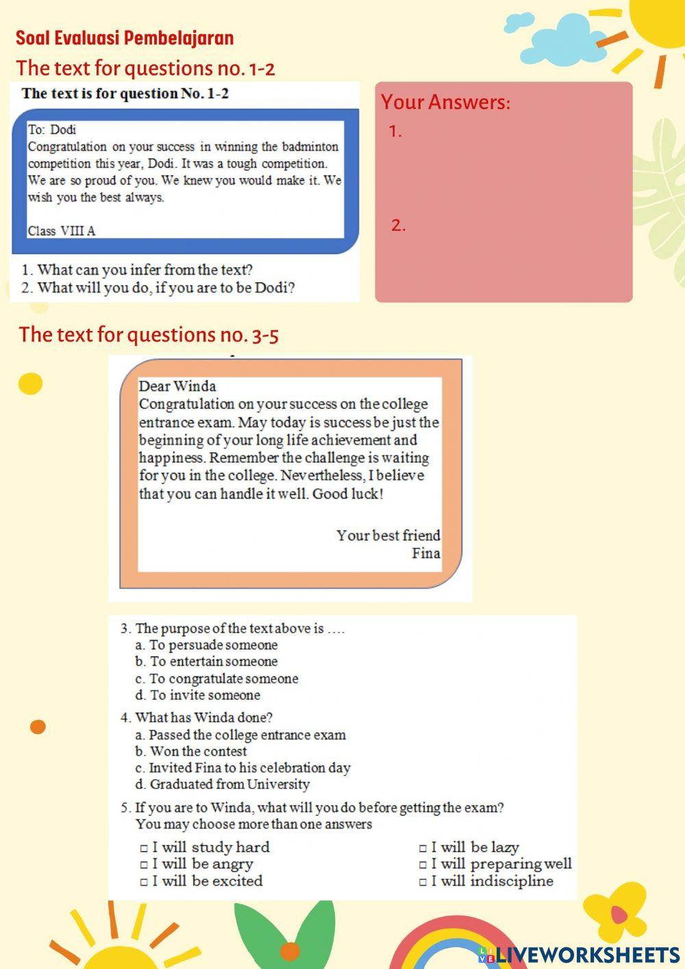 Evaluation online exercise for 8th grade students | Live Worksheets