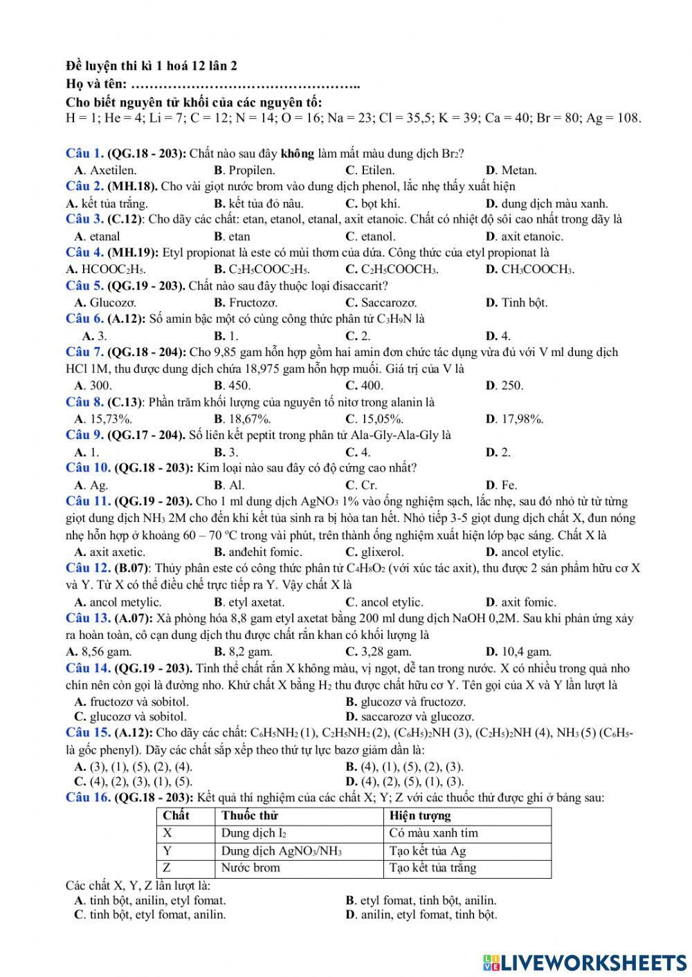 De thi thu hoa 12 lan 1 ws worksheet | Live Worksheets