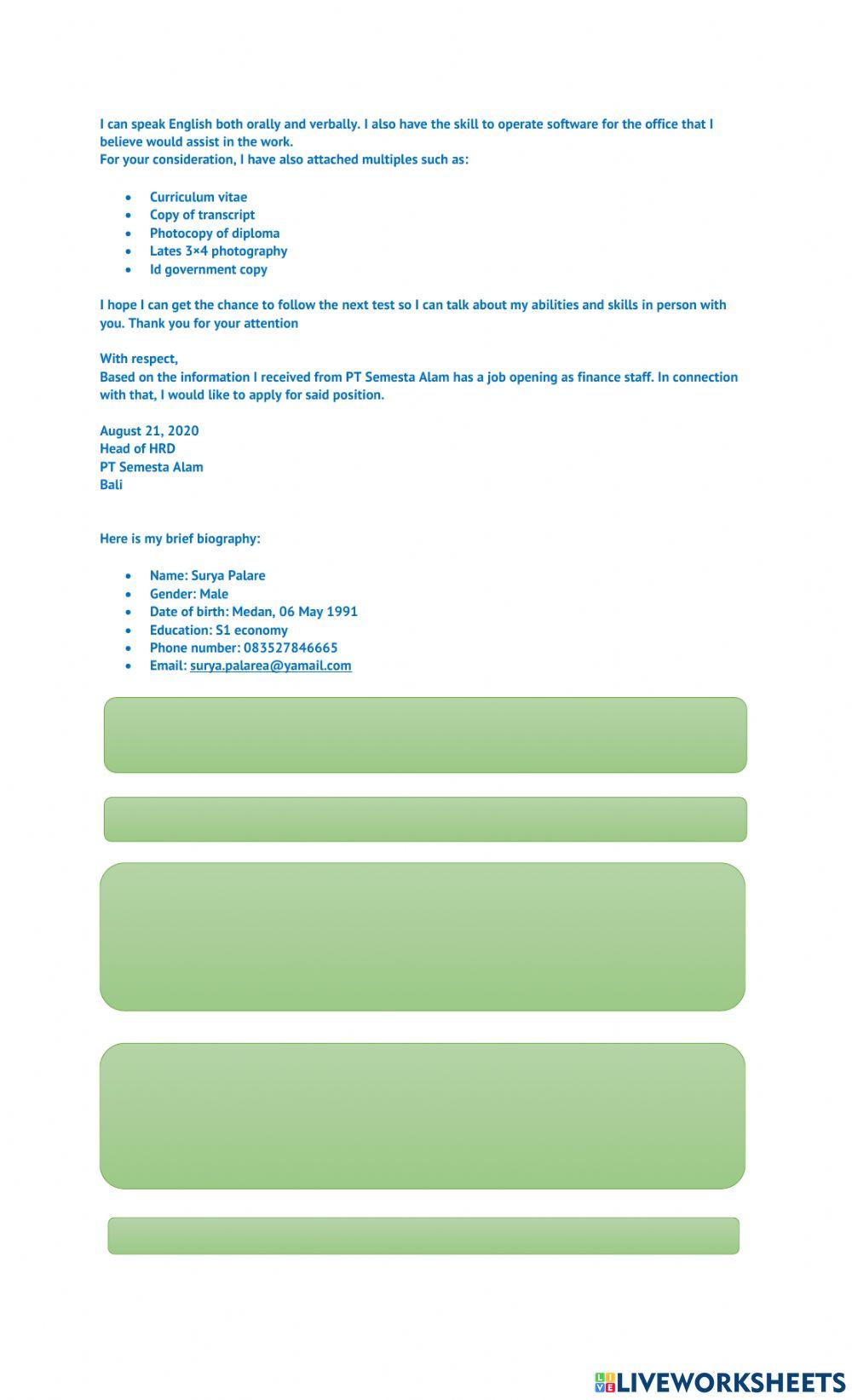 Pdf online exercise: Application letter | Live Worksheets