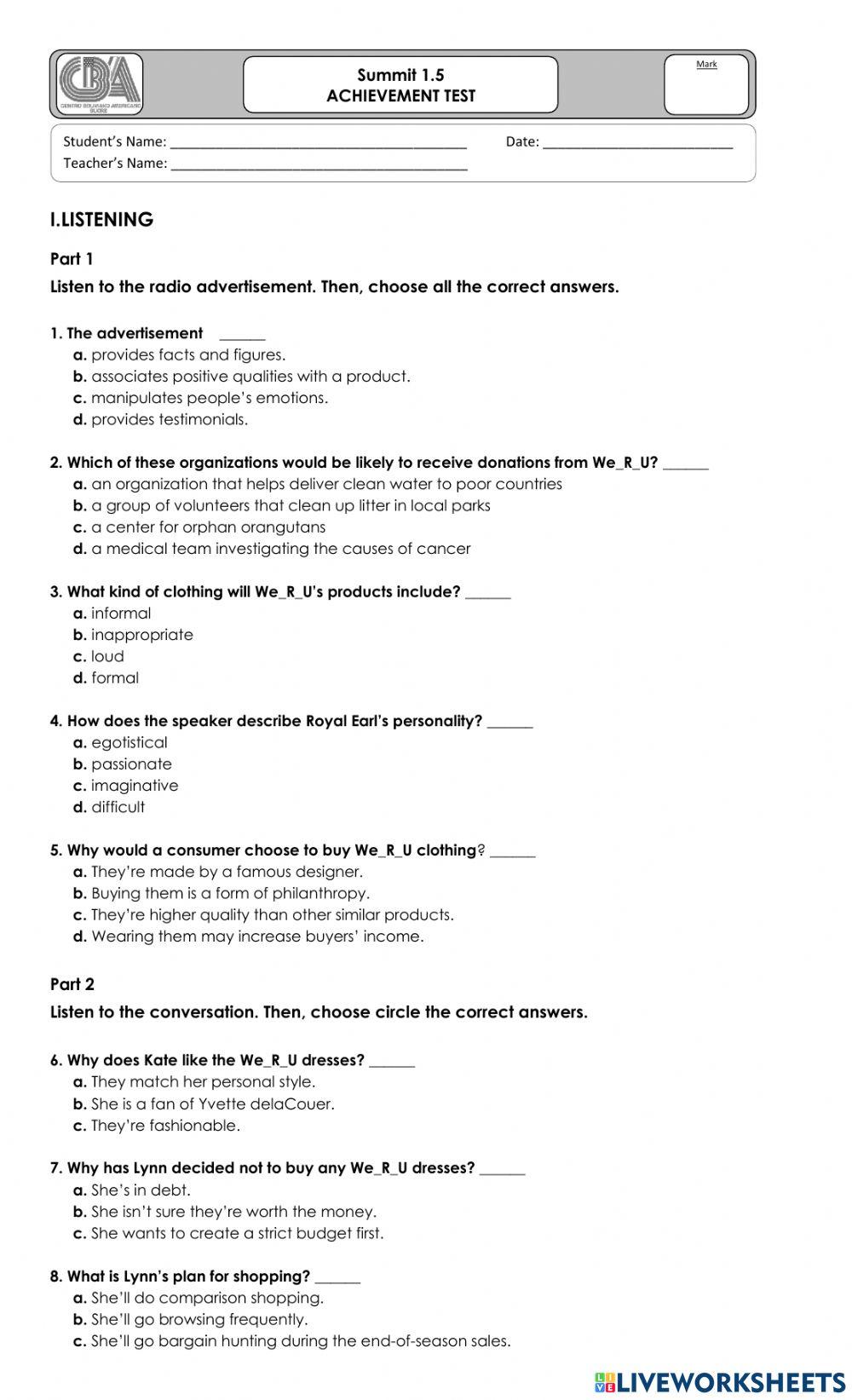 SUMMIT 1 - ACHI… | Free Interactive Worksheets | 6919010