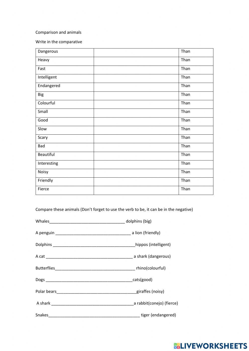 Comparison and animals worksheet | Live Worksheets