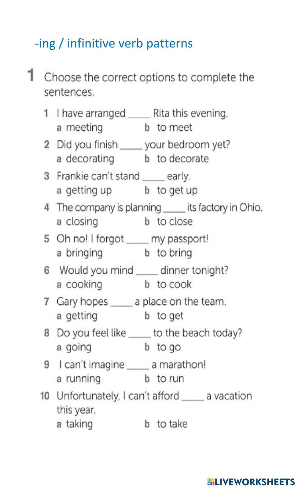 ING OR INFINFINITIVE VERB PATTERNS worksheet | Live Worksheets