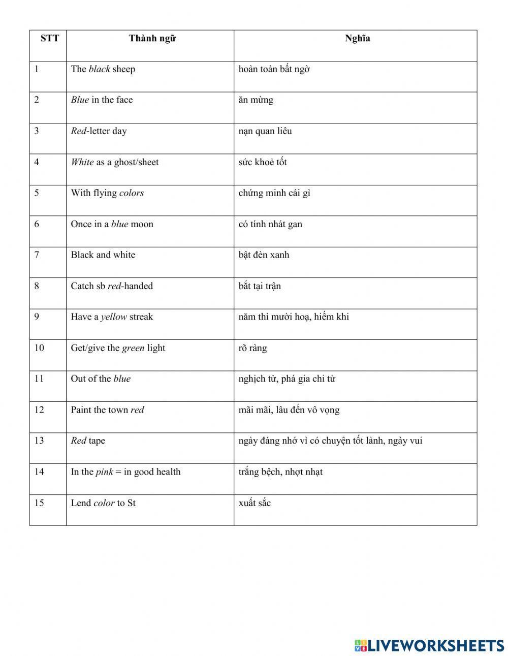 Idiom (part 1- with color) worksheet | Live Worksheets