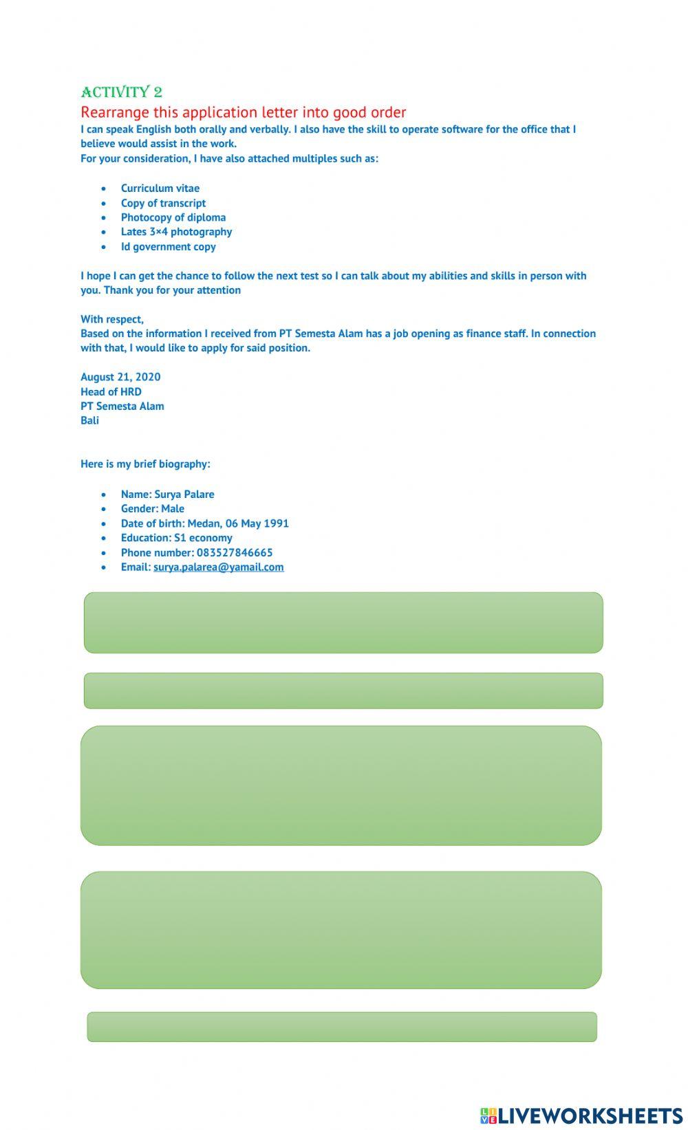 Application letter online pdf worksheet for 12 | Live Worksheets