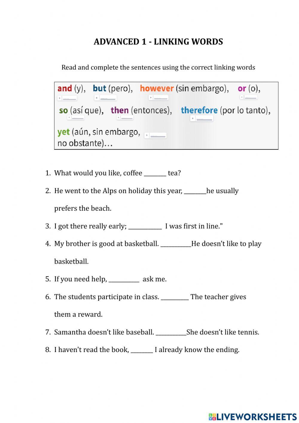 linking words- advanced 1 online exercise for | Live Worksheets