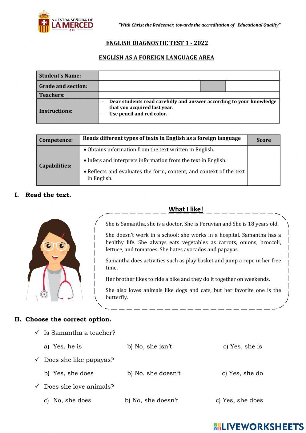 reading test online exercise for | Live Worksheets