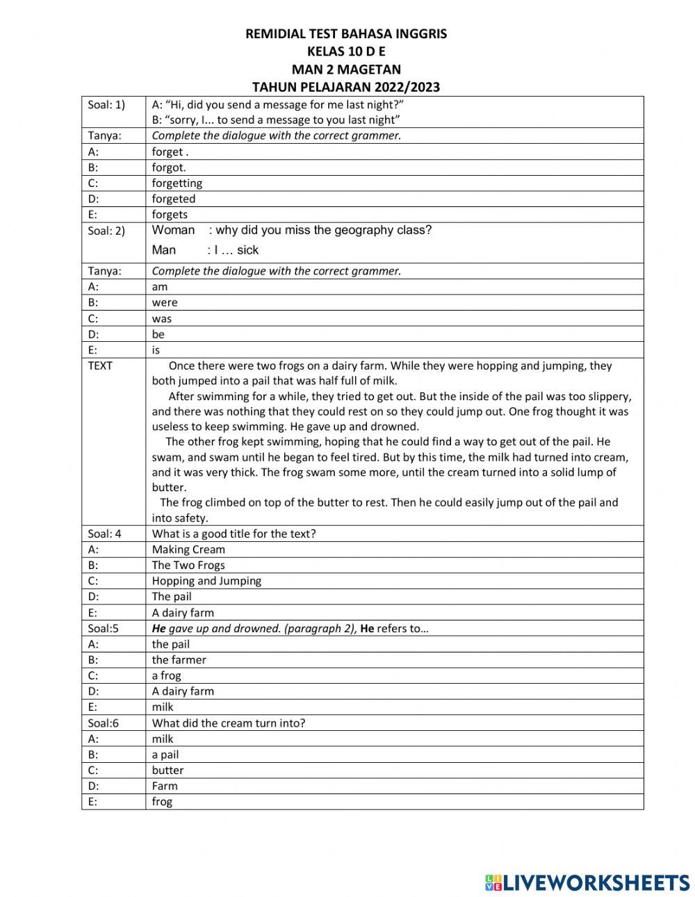 Remidial Test worksheet | Live Worksheets