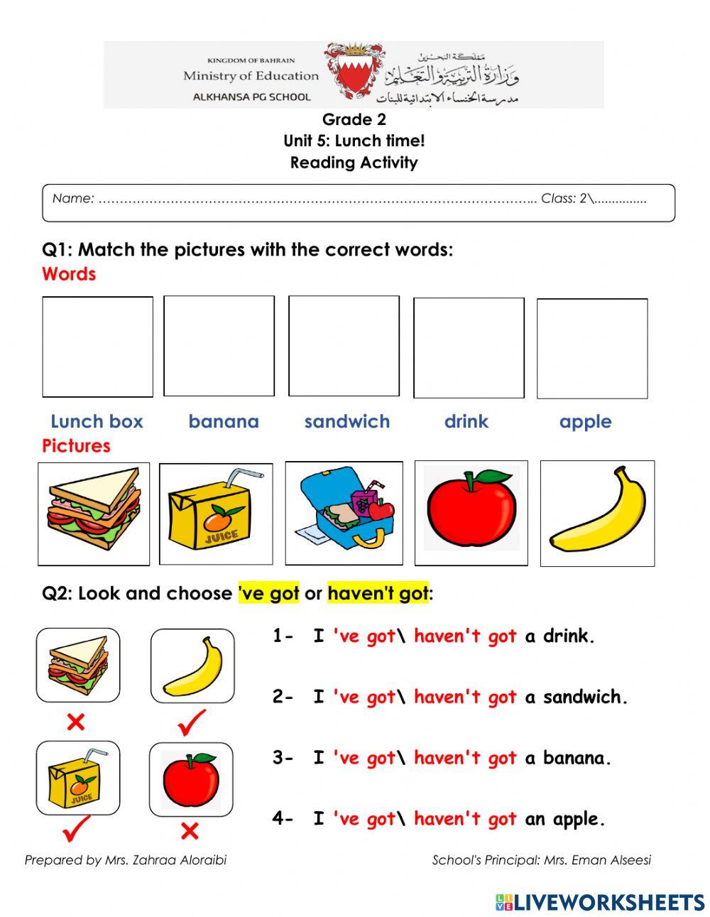 Grade 2 Unit 5 Lunch time 1 6824499 | zahraoraibi36